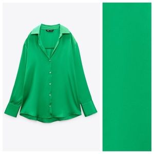 Zara | Tops | Nwt Zara Green Satin Effect Shirtblouse Size S | Poshmark